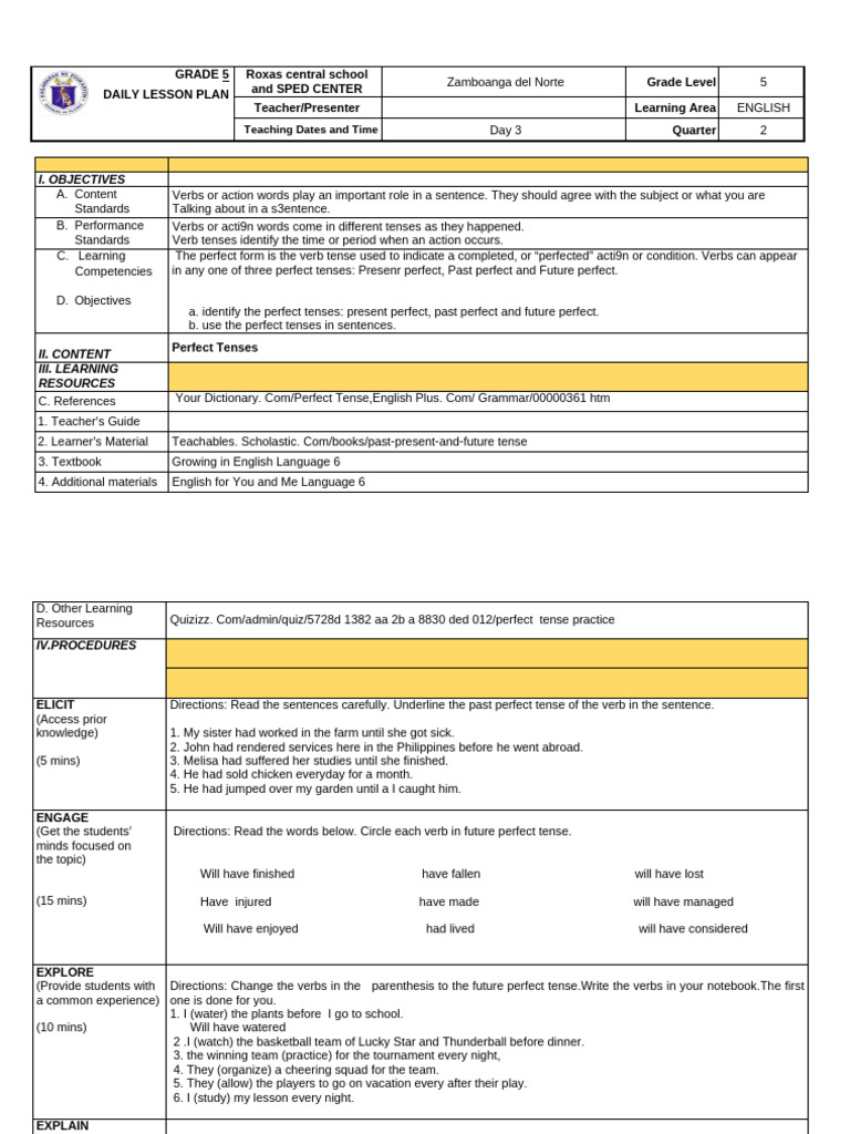 ENGLISH 5 DLP Q2 W1-Day- 3 | PDF | Grammatical Tense | Perfect (Grammar)