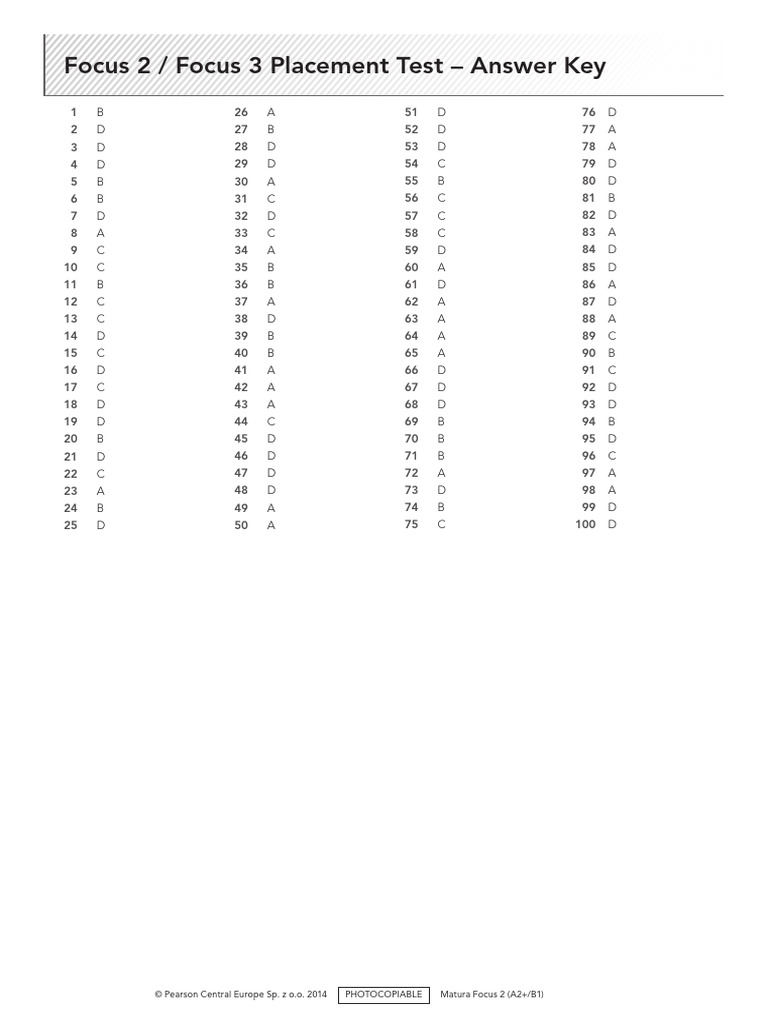 Focus 2 / Focus 3 Placement Test - Answer Key | PDF