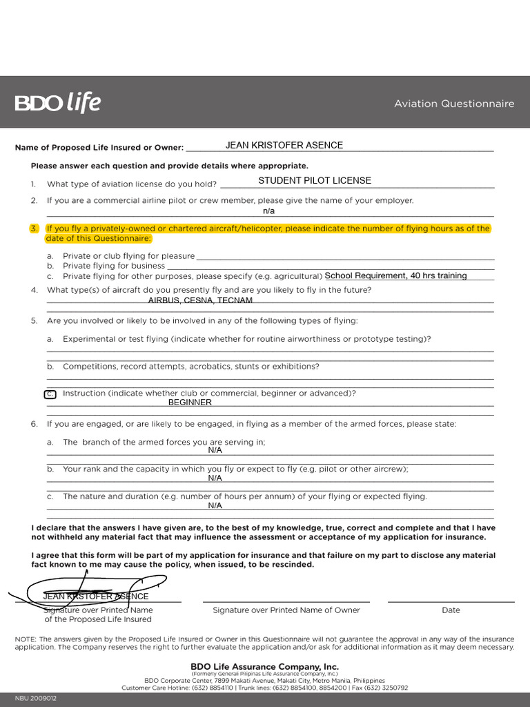Aviation Insurance Questionnaire Form | PDF | Aviation