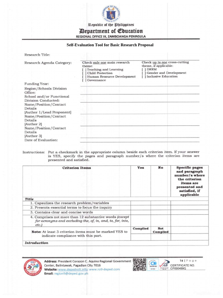 Self Evaluation Tool BR Proposal | PDF