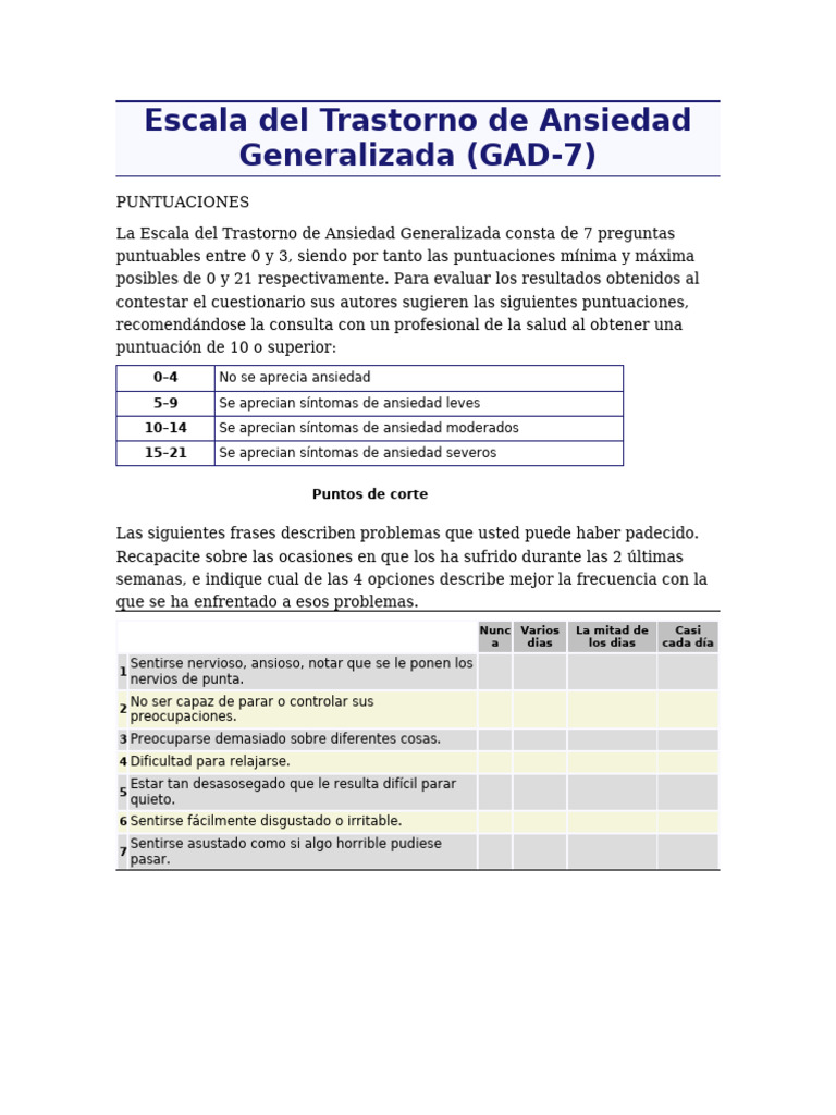 Puntuaciones de la Escala GAD-7 | PDF