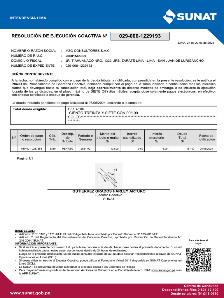 Notificación de Cobranza Coactiva SUNAT | PDF