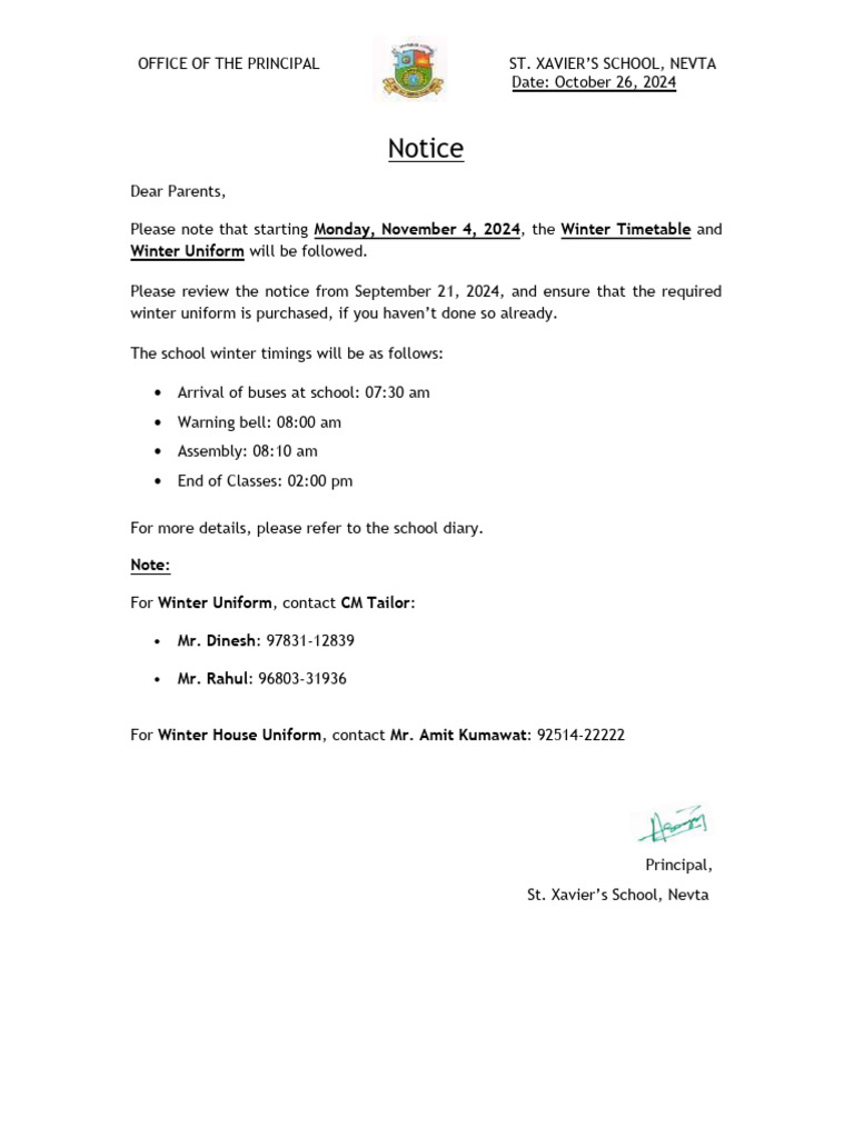 Winter Timetable Notice for Parents | PDF