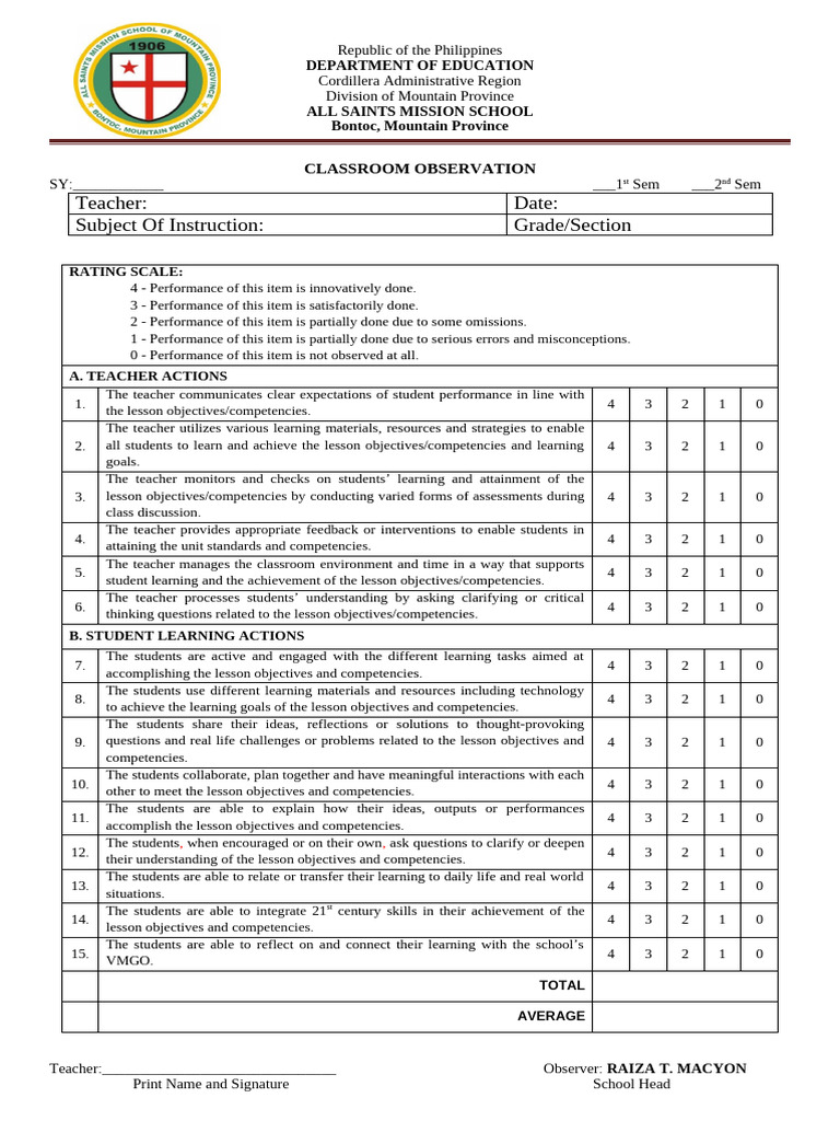 Classroom Observation Assessment Form | PDF | Teachers | Learning