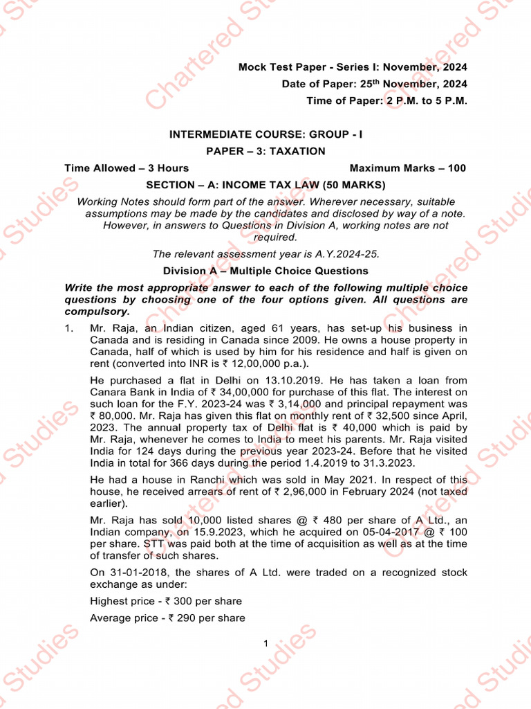 CA Intermediate PAPER - 3 TAXATION MTP Series 1 Question Paper For | PDF