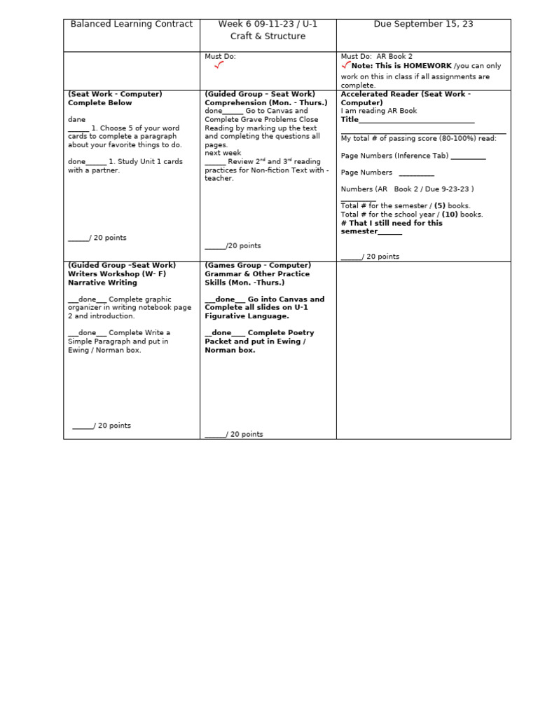 Week 6 Balanced Learning Contract | PDF | Reading Comprehension | Human ...