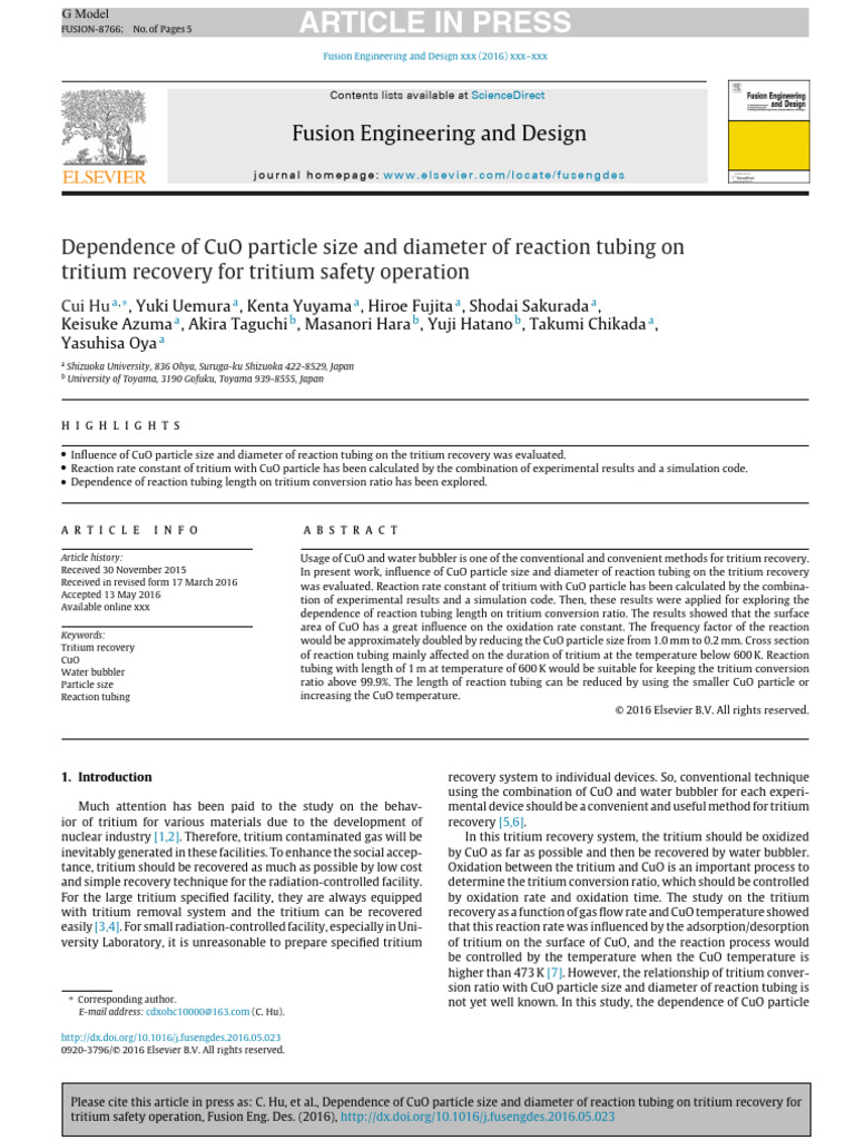 Dependence of CuO Particle Size and Diameter of Reaction Tubing ...