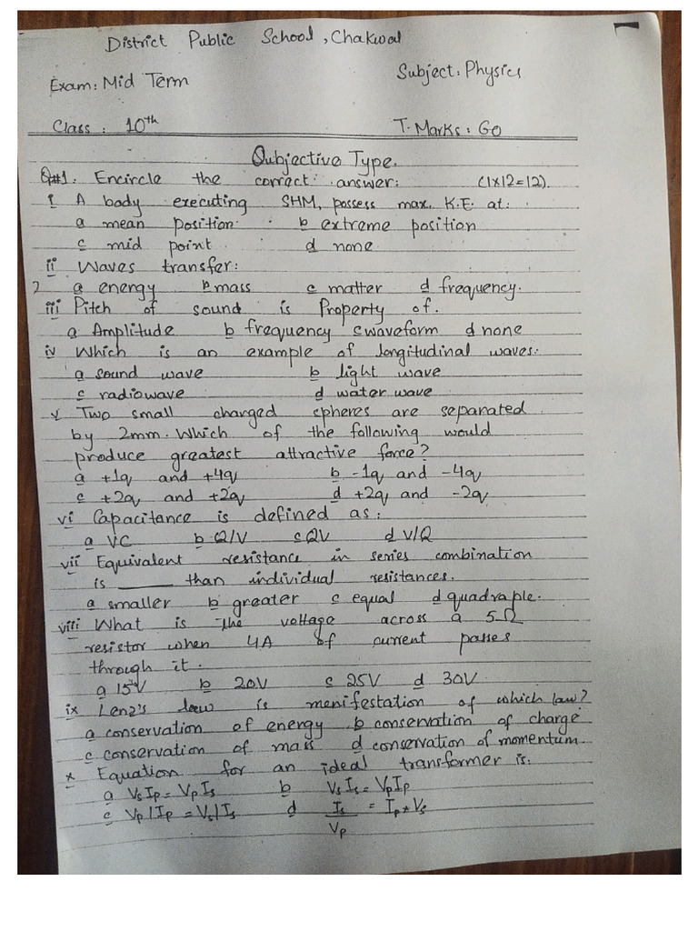 Class 10TH Physics Paper 2 | PDF