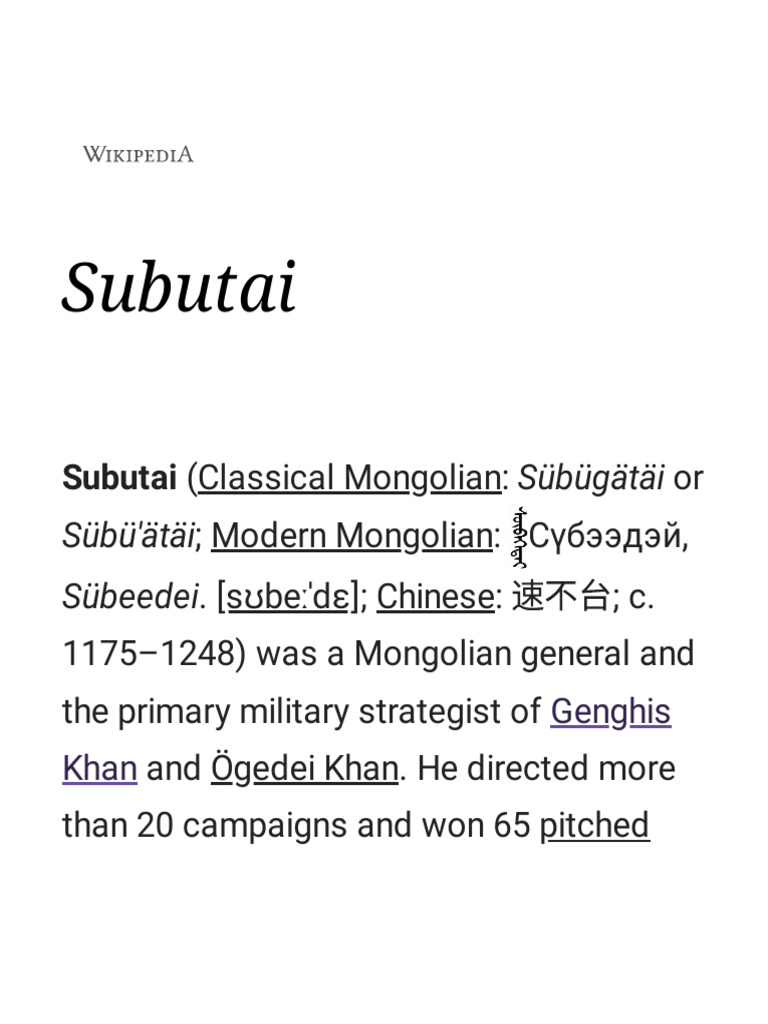 Subutai - Wikipedia | PDF | Mongol Empire | Genghis Khan