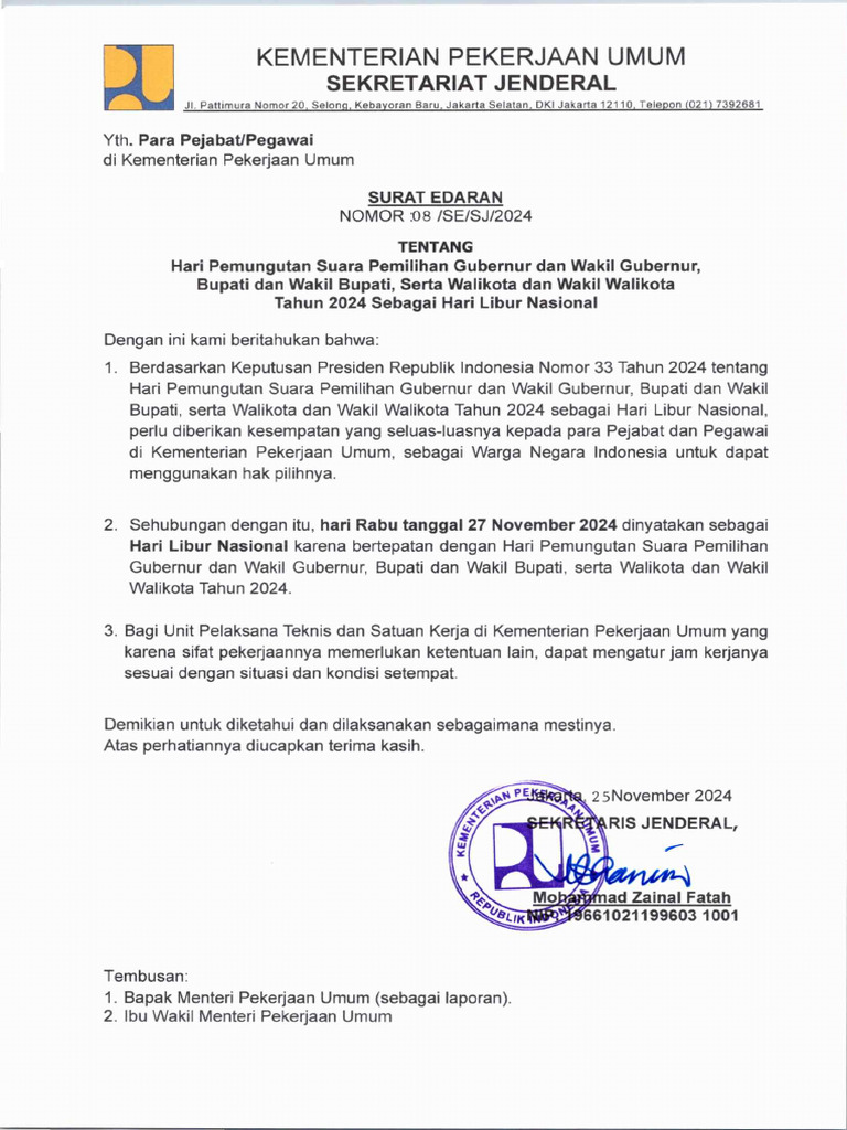 08 SE 2024 Hari Libur Nasional Hari Pemungutan Suara Pemilu 2024 - Stempel | PDF