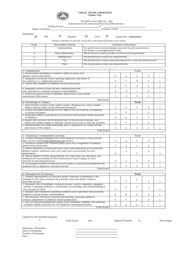 NBC 461 Instrument For The Instruction Teaching Effectiveness | PDF ...