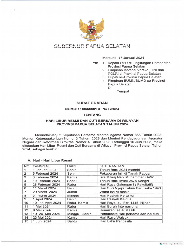 0001 - Surat Edaran Hari Libur Resmi Dan Cuti Bersama Diwilayah Provinsi Papua Selatan 2024 | PDF