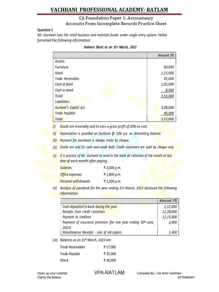 Accounts From Incomplete Records PDF | PDF | Expense | Debits And Credits