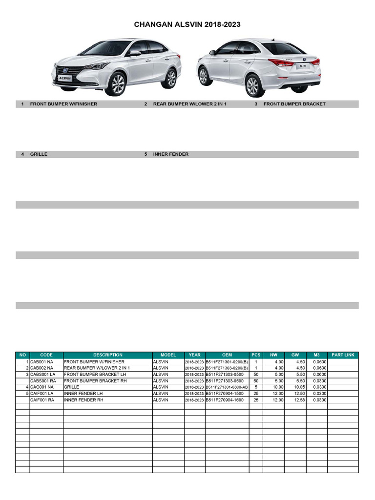 Changan Alsvin 2018-2023 Parts List | PDF