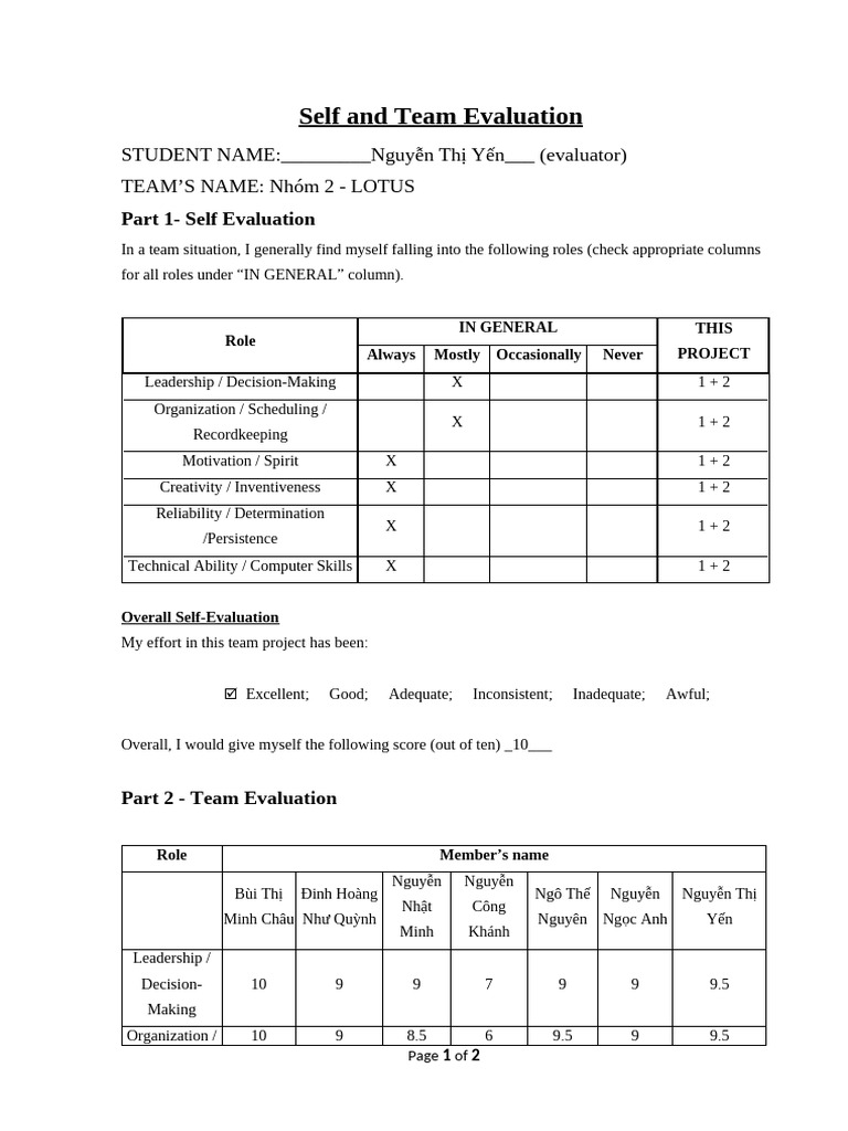 Self and Team Evaluation | PDF