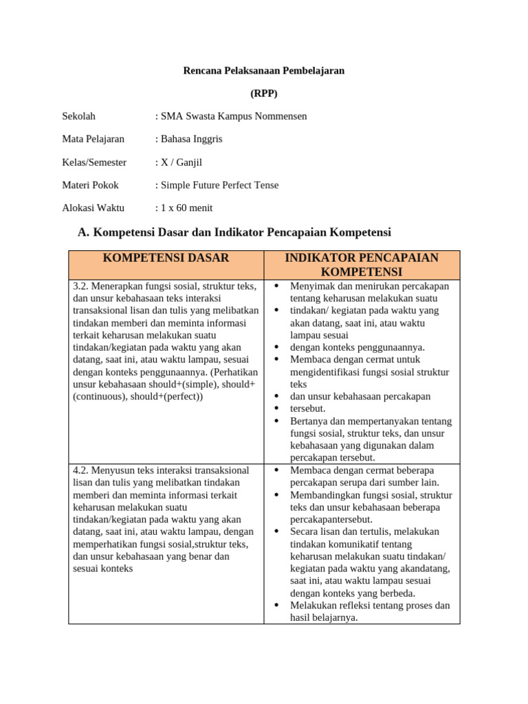 RPP Simple Future Perfect Tense (Bhs. Inggris) | PDF