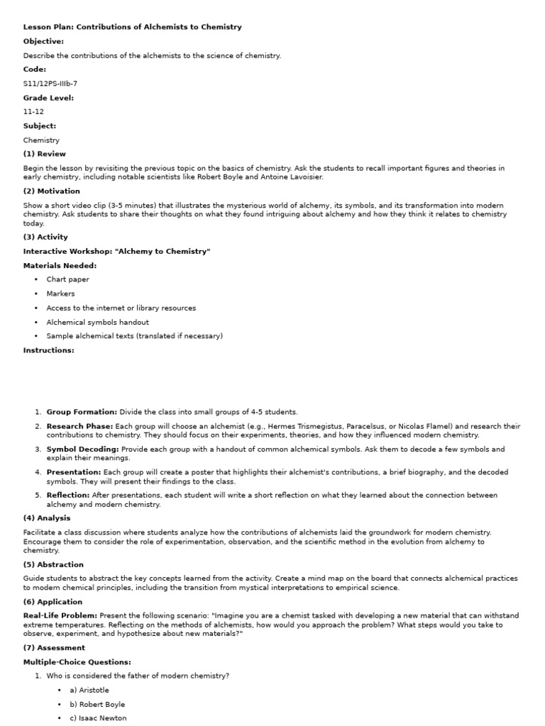 2ND Quarter Week 2 Lesson Plan Physical Science | PDF | Alchemy | Chemistry