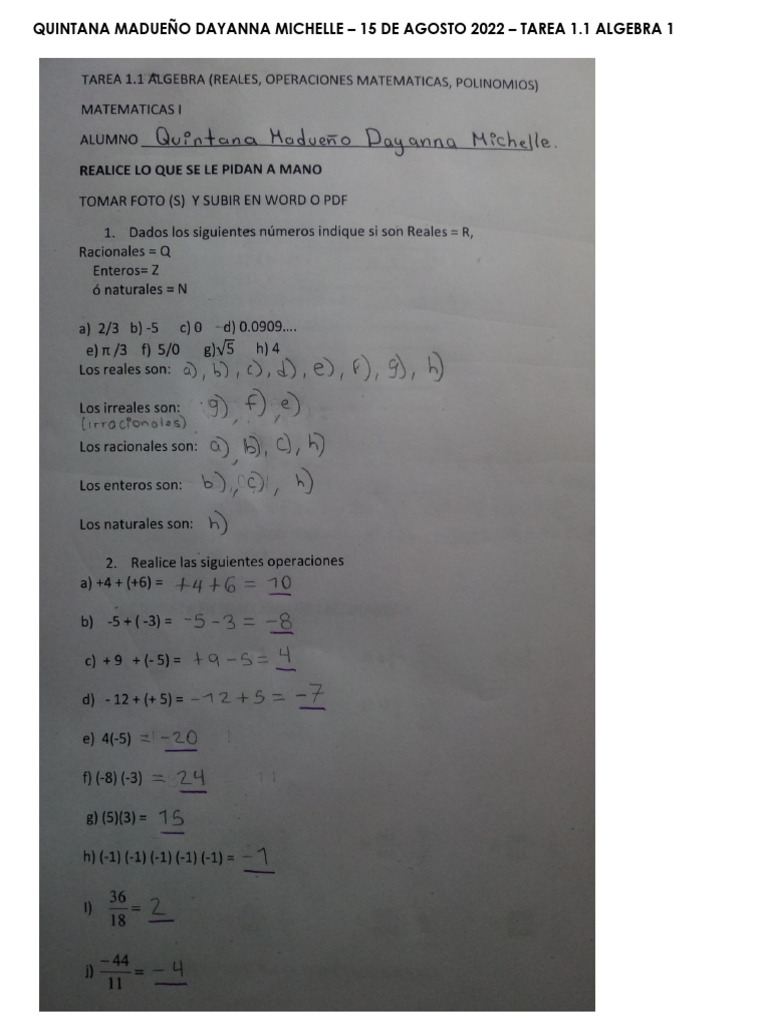 Tarea 1.1 Algebra 1 - Quintana Madueño Dayanna Michelle | PDF