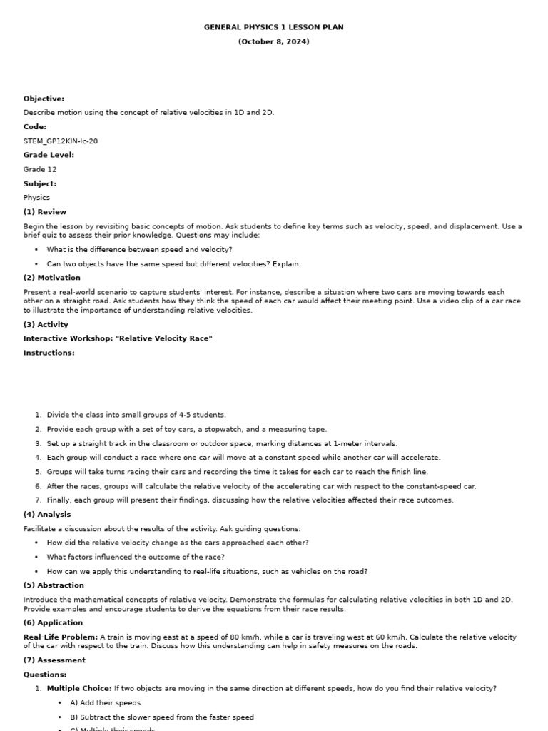 General Physics 2ND Quarter Week 1 Lesson Plan | PDF | Velocity | Speed