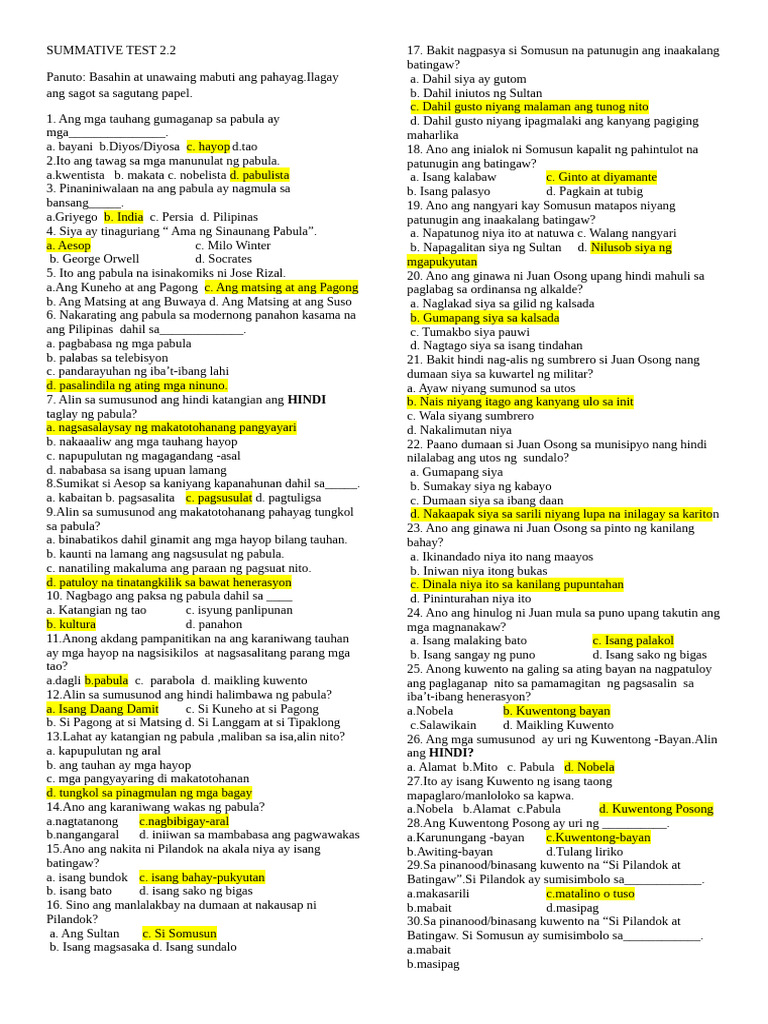 SUMMATIVE TEST Week 2 Ans - Key | PDF
