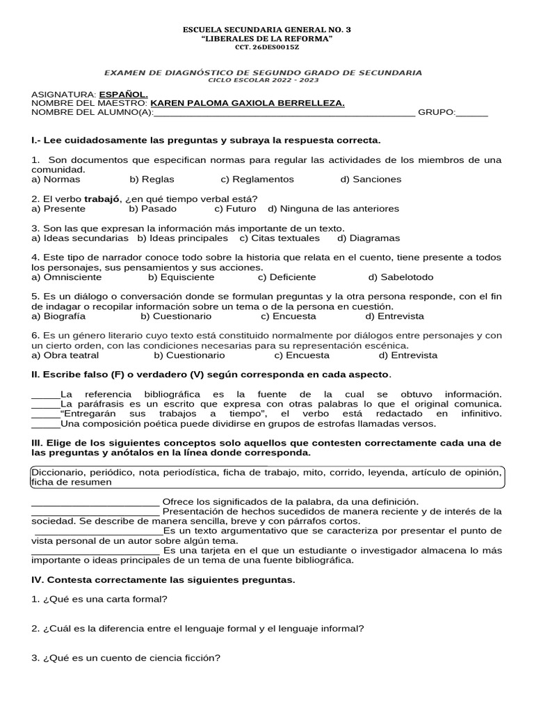 Diagnóstico Español 2° Grado | PDF
