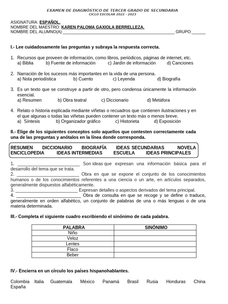 Examen Diagnóstico Español 3° Secundaria | PDF | Diccionario