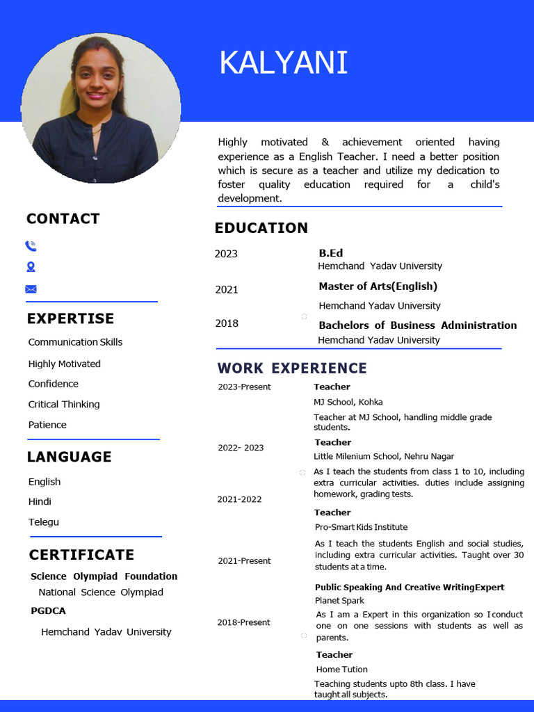 Kalyani_Resume-4 (1) (1) | PDF | Teachers | Learning