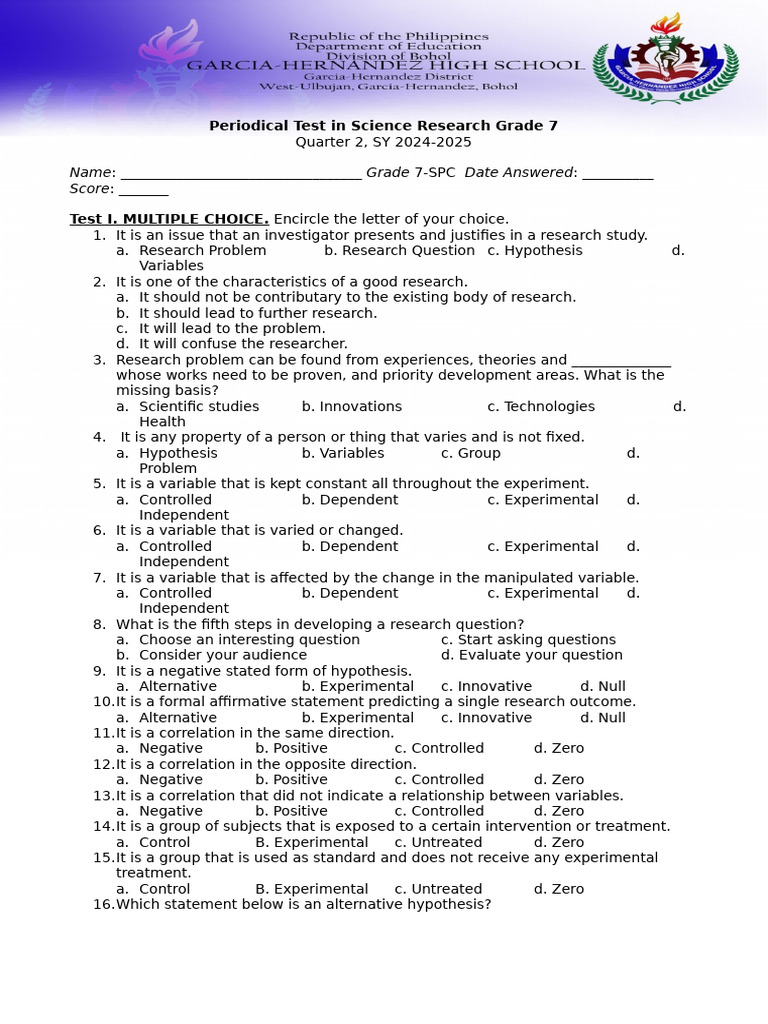 Q2-Periodical Test in Science Research Grade 7 | PDF | Experiment ...