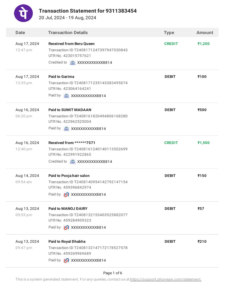 PhonePe Statement Jul2024 Aug2024 | PDF | Debit Card | Debits And Credits