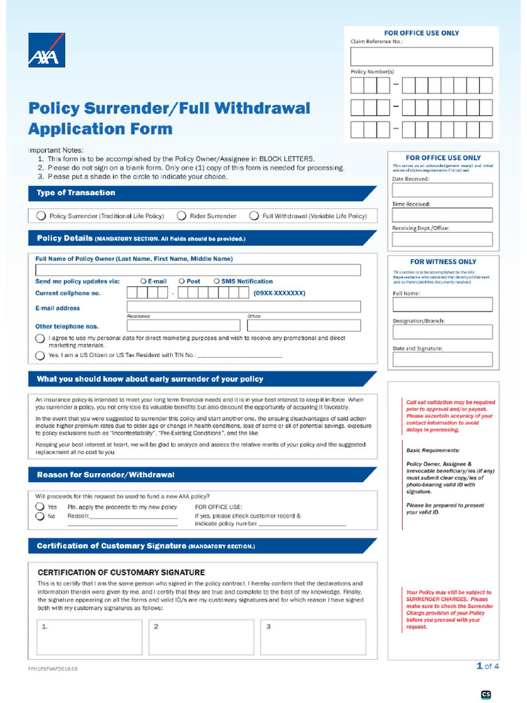 Policy Surrender-Full Withdrawal Application Form | PDF