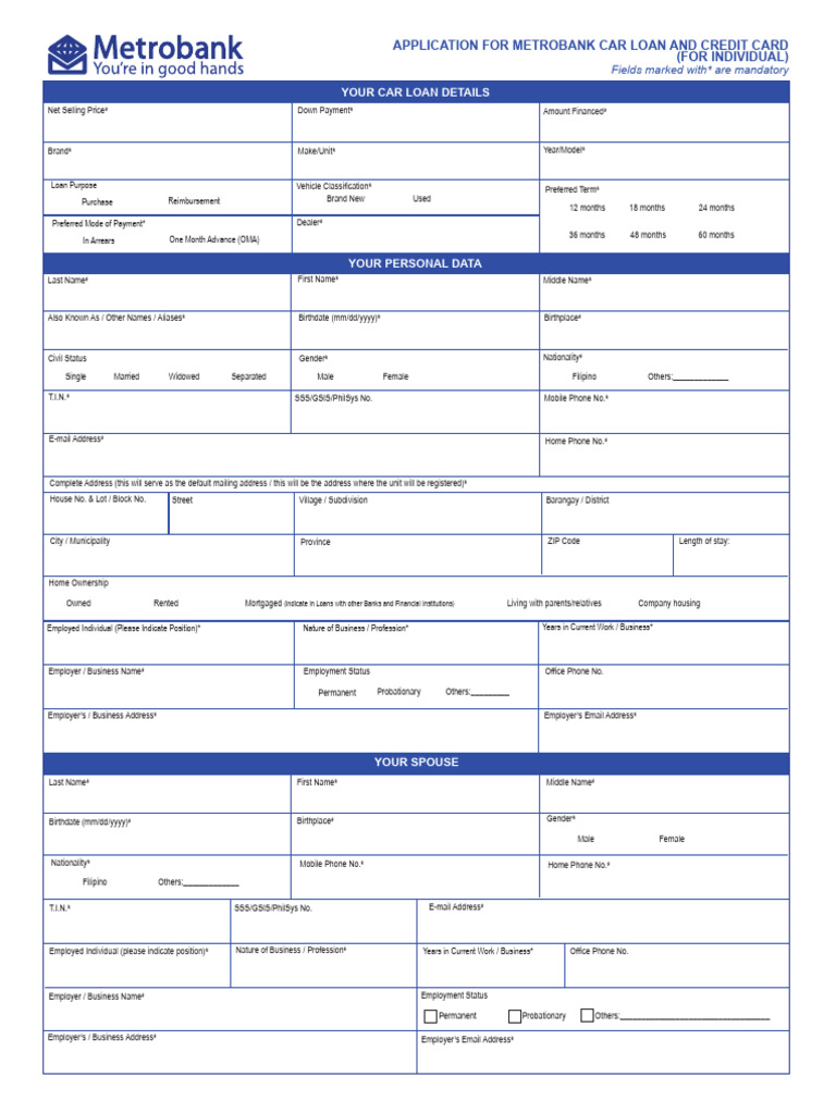 Metrobank Car Loan Application Form Individual 1 | PDF | Credit Card ...