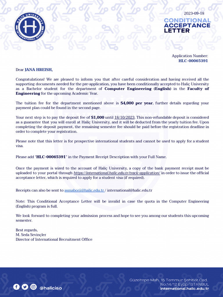 HLC-00065391 - Conditional Acceptance Letter | PDF | Payments | Fee