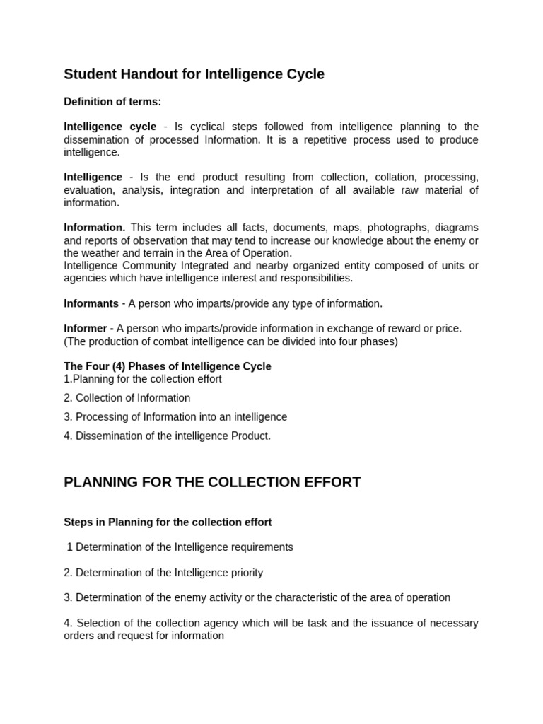 Intelligence Cycle Overview Handout | PDF | Military Intelligence ...