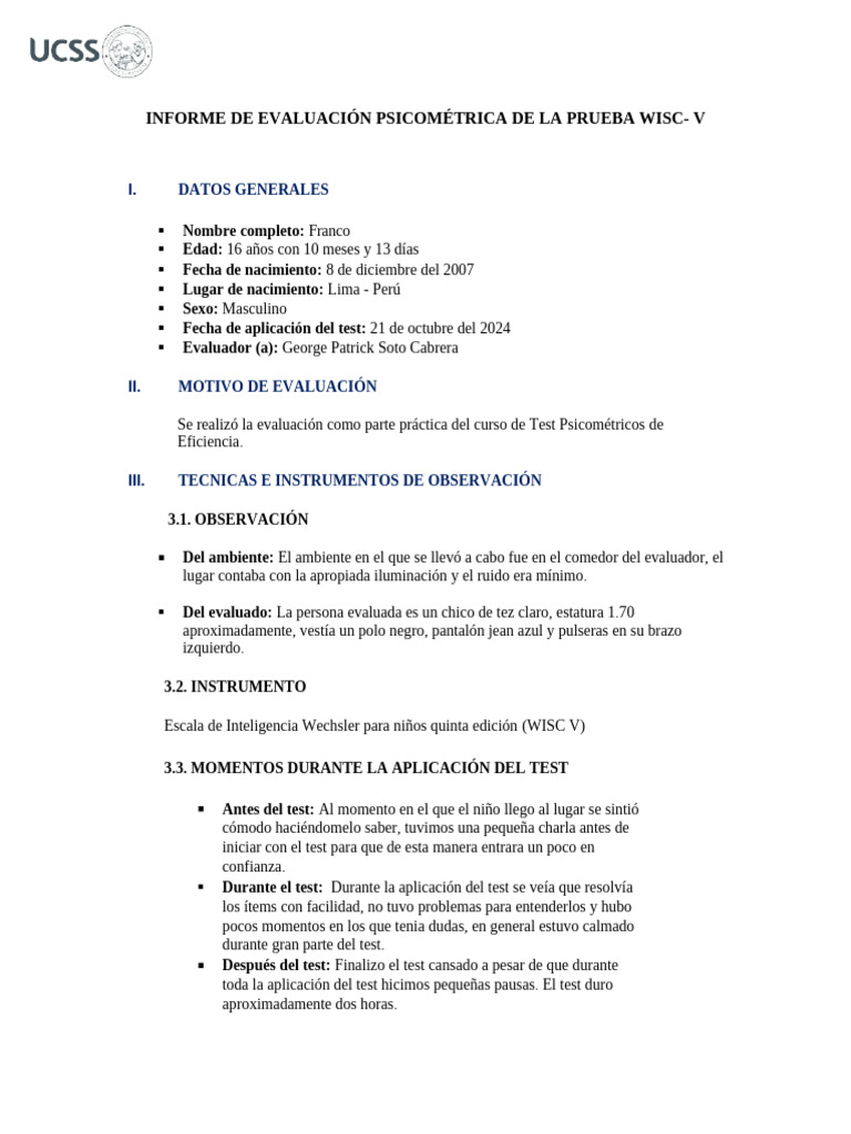 Informe de Evaluación Psicométrica de La Prueba Wisc | PDF | Memoria | Cociente de inteligencia