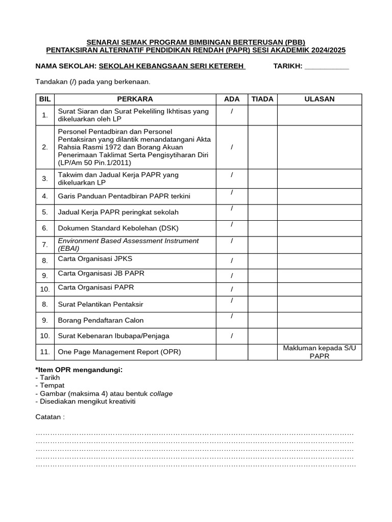 Senarai Semak PBB Papr - SK Seri Ketereh | PDF