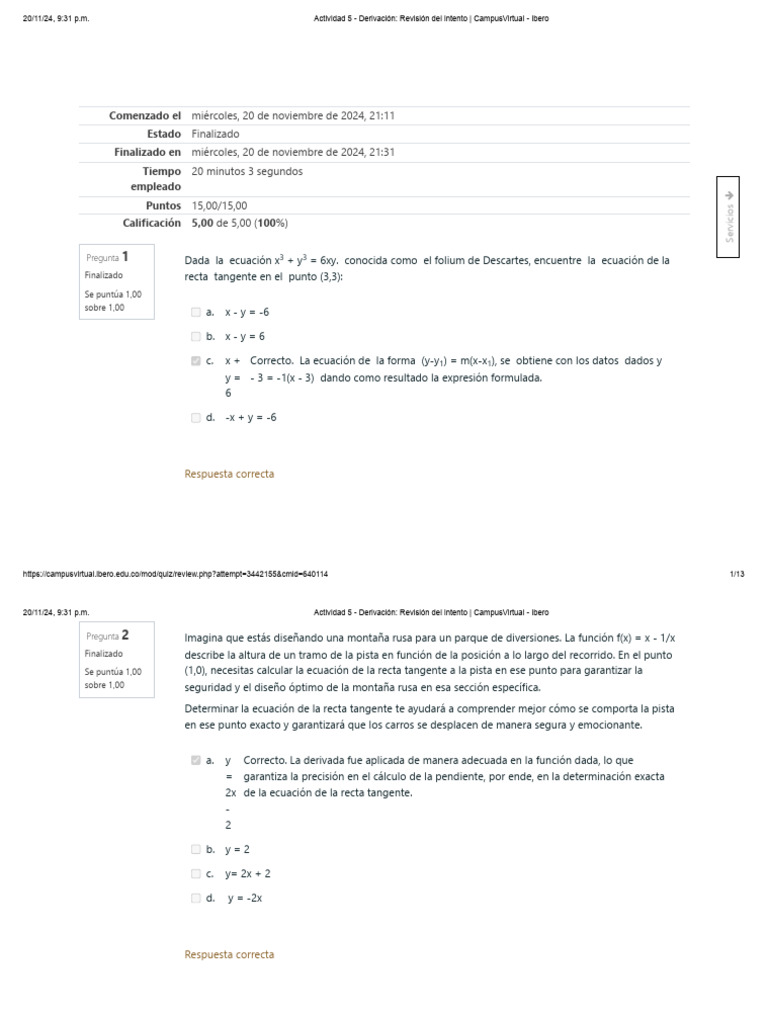 Actividad 5 - Derivación - Revisión Del Intento - CampusVirtual - Ibero | PDF | Derivado | Pendiente