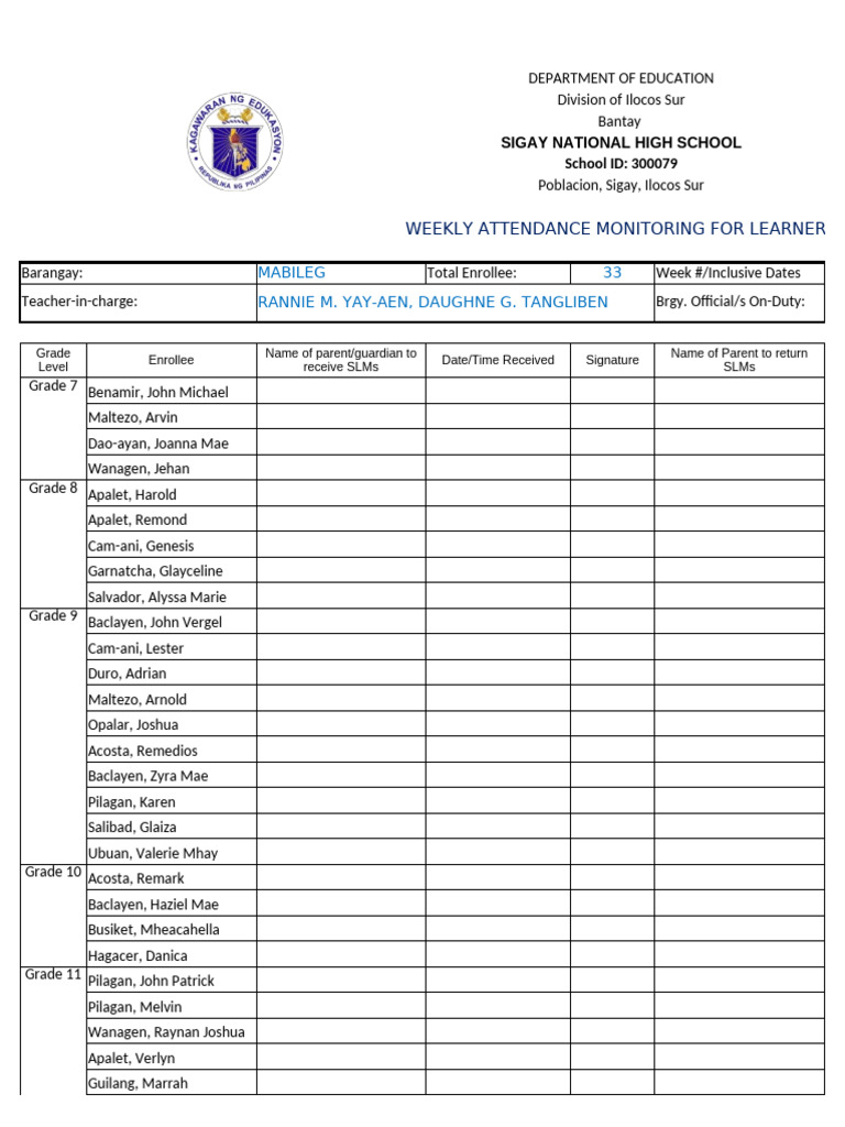 Attendance Monitoring (WEEKLY) Per Barangay | PDF