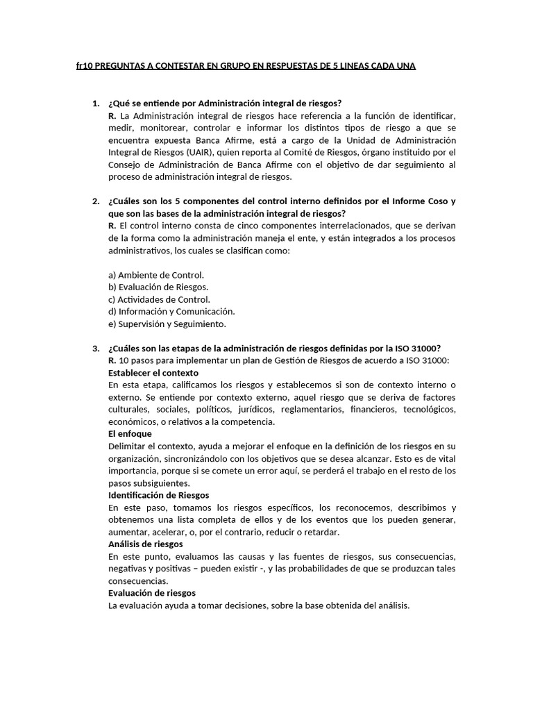 10 PREGUNTAS Resueltas Final | PDF | Riesgo | Basilea Ii
