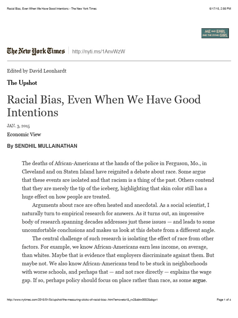 MULLAINATHAN - Racial Bias, Even When We Have Good Intentions | PDF ...