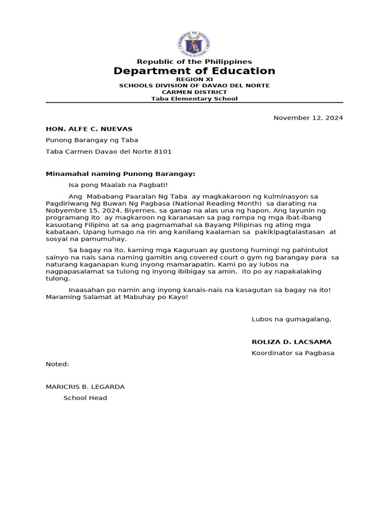 Request Letter To Kapitan Barangay Gamit Sa Gym | PDF
