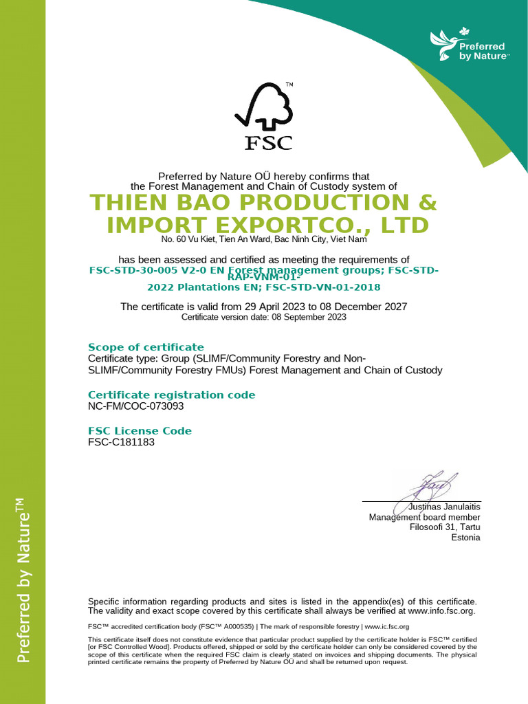 FSC THIEN BAO | PDF | Forest Stewardship Council | Natural Resource Management