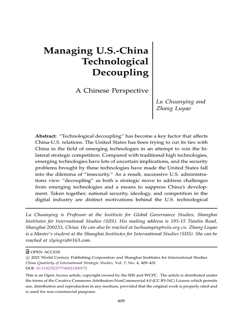 Lu Zhang 2022 Managing U S China Technological Decoupling | PDF | China | World Politics