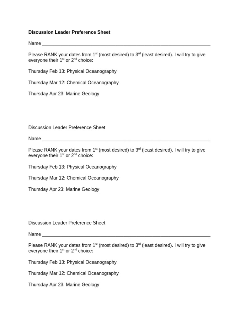 Discussion Leader Preference Sheet | PDF