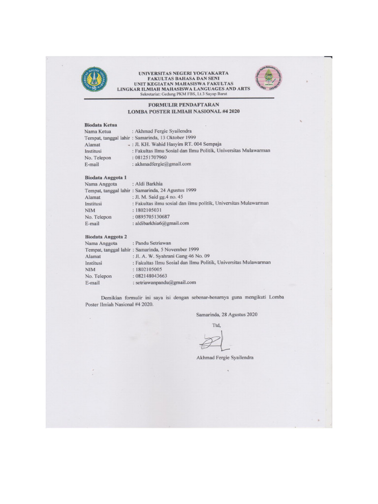 Formulir Lembar Ori Dan Pengesahan Lomba Poster Ilmiah Nasional #4 2020 ...