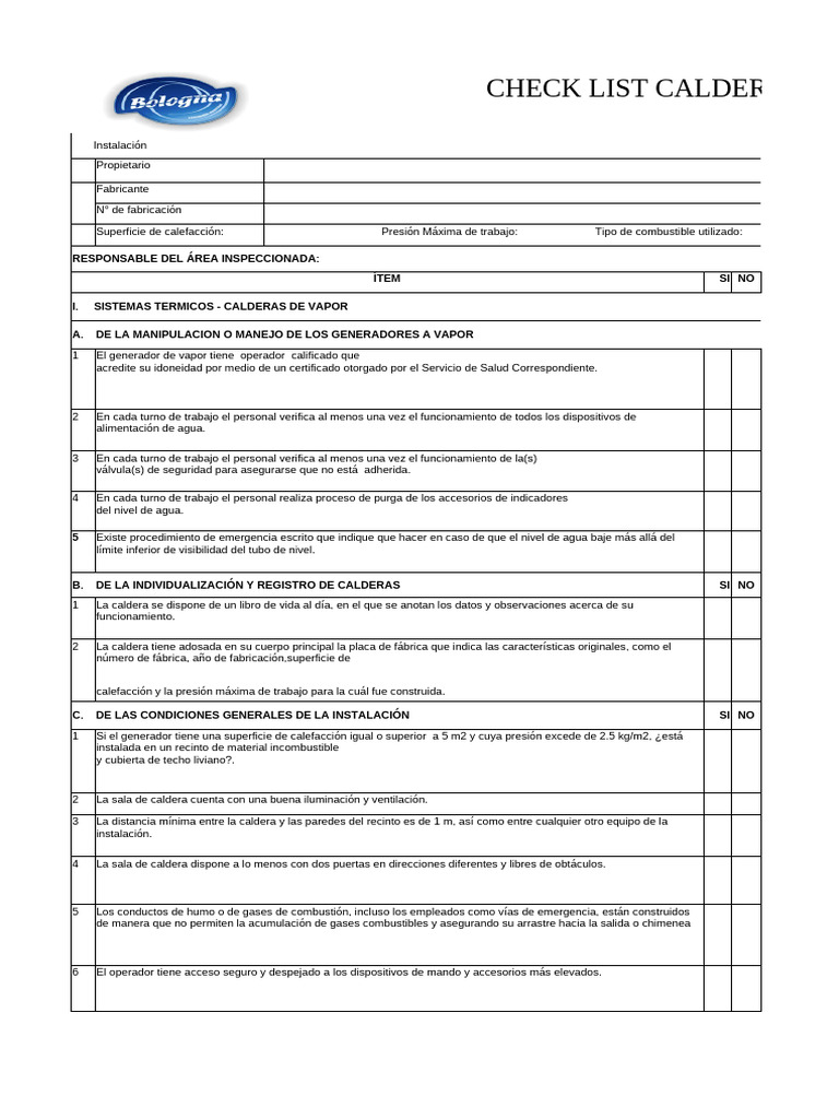 Checklist Inpección de Calderas o Caldera(1) | PDF | Agua | Vapor