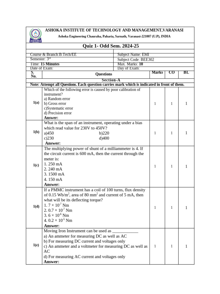 Quiz-1 EMI | PDF | Manufactured Goods | Electrical Engineering