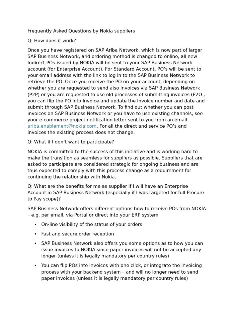 Frequently Asked Questions by Nokia Suppliers | PDF | Invoice | Software