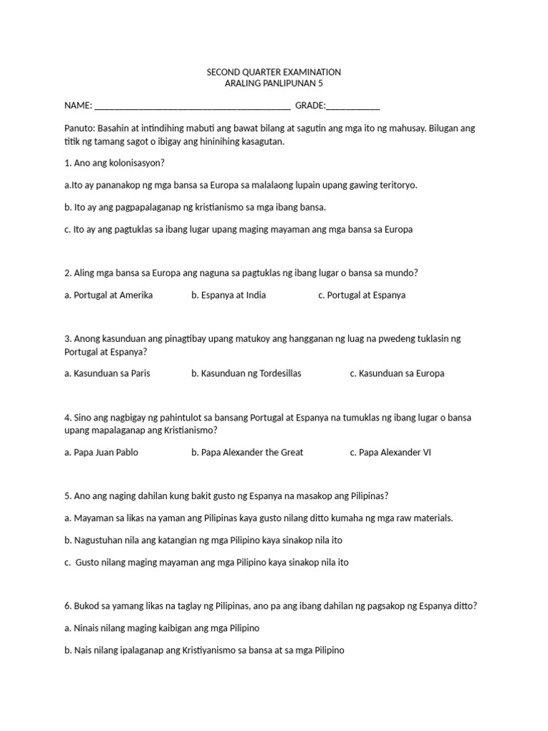 PT - Araling Panlipunan 5 - Q2 | PDF