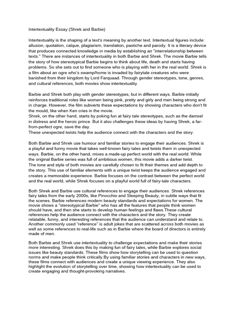 Intertextuality Essay (Shrek and Barbie) | PDF | Intertextuality ...