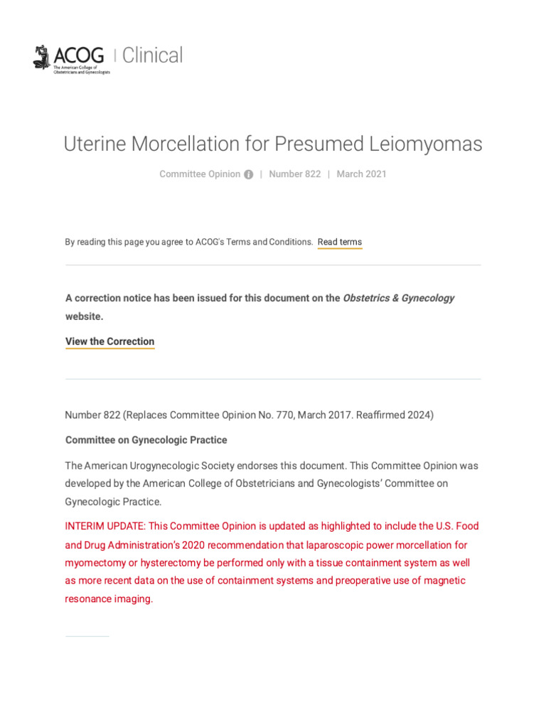 Uterine Morcellation For Presumed Leiomyomas - ACOG | PDF | Surgery ...